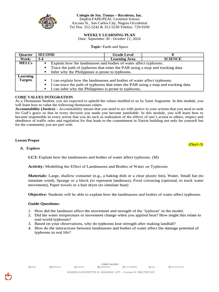 Weekly Learning Plan 3 - 4 | PDF | Tropical Cyclones | Typhoon