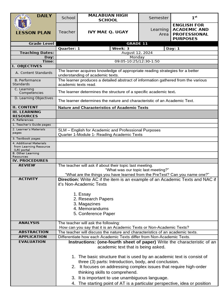 Grade 11 English Lesson Plan: Academic Texts | PDF | Learning ...