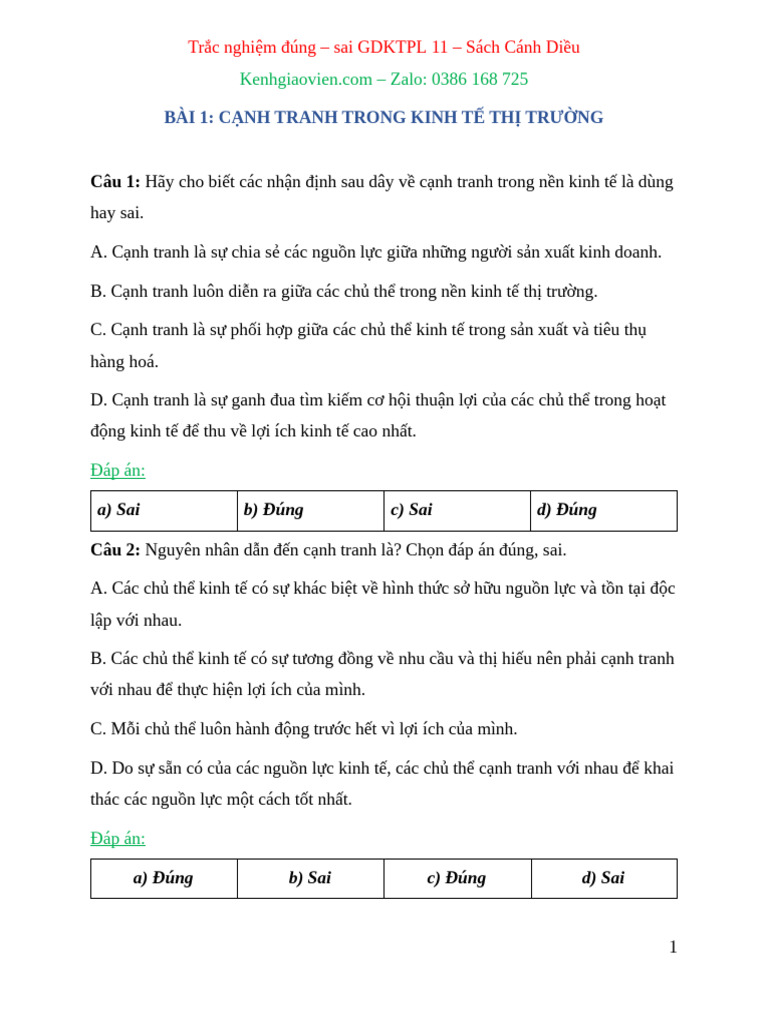 TN Dung Sai GDKTPL 11 CD Bai 1 Canh Tranh Trong Kinh Te Thi Truong1 | PDF