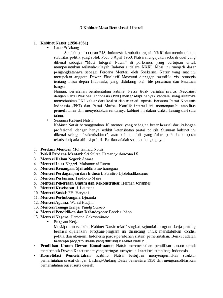 7 Kabinet Masa Demokrasi Liberal | PDF