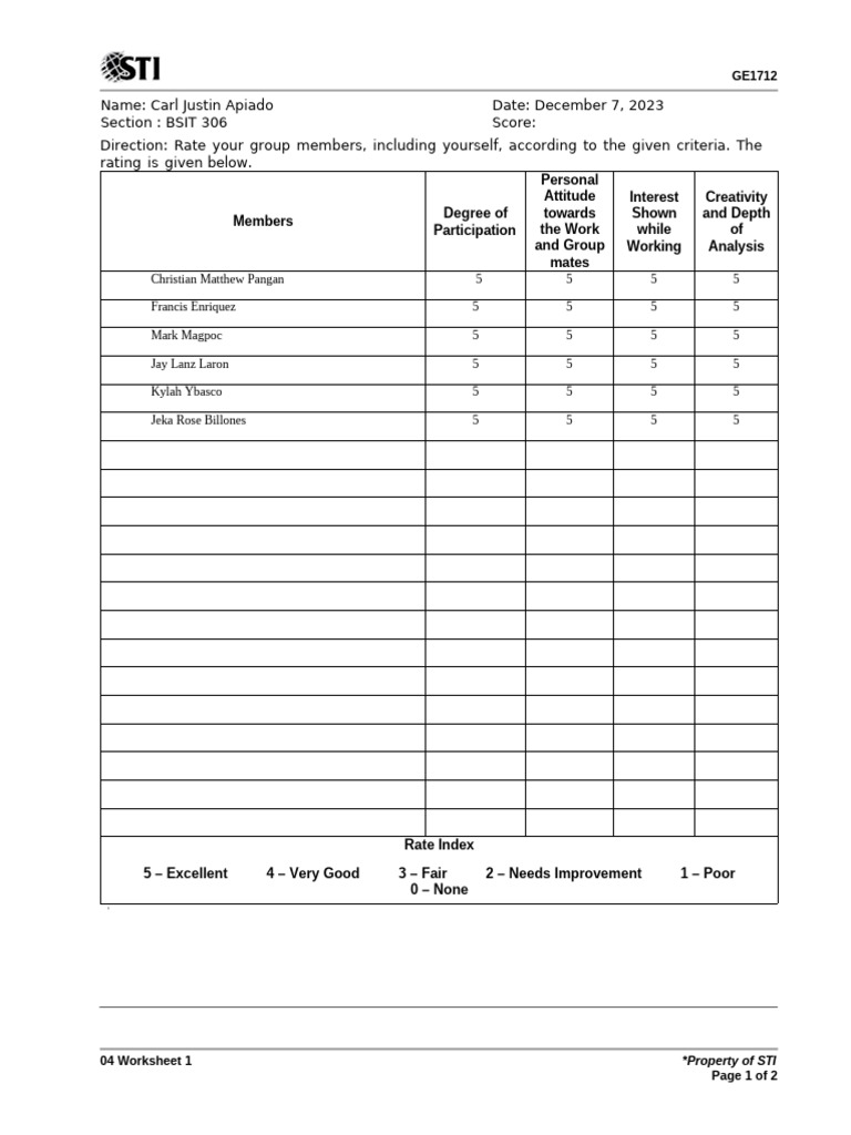 04 Worksheet Apiado Carl Justin BSIT 306 Evaluatiuon RPH | PDF