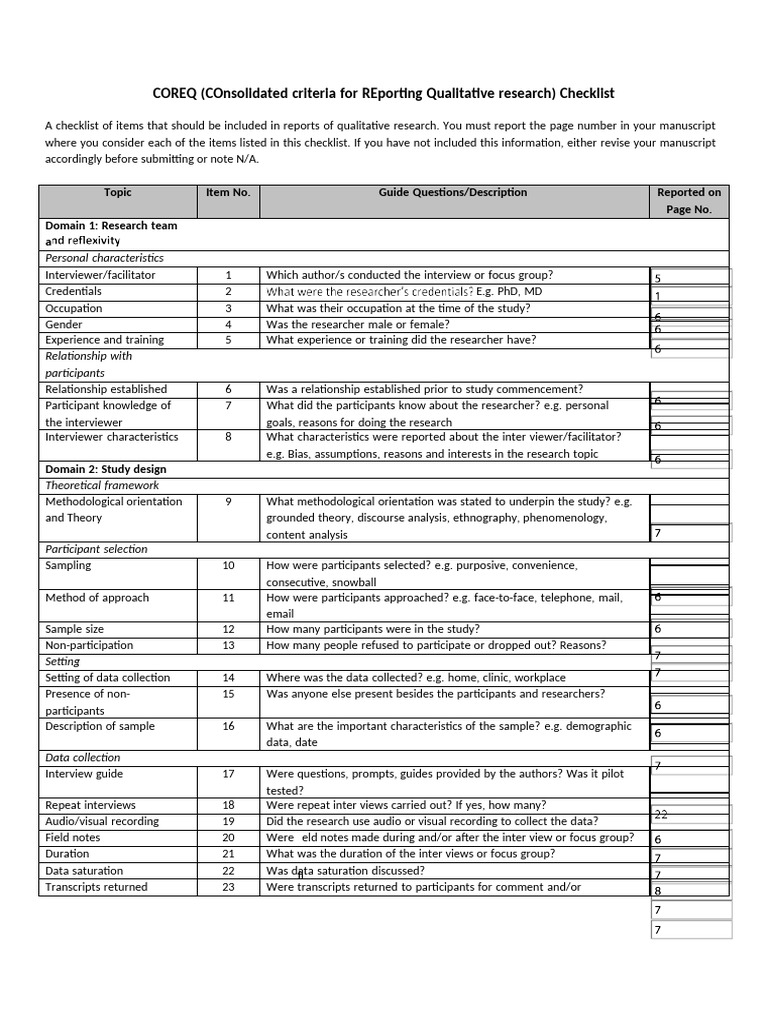 COREQ Checklist for Qualitative Research | PDF | Focus Group ...