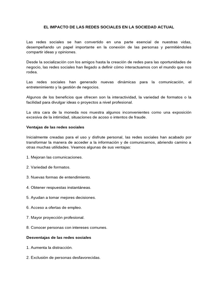 El Impacto de Las Redes Sociales en La Sociedad Actual | PDF