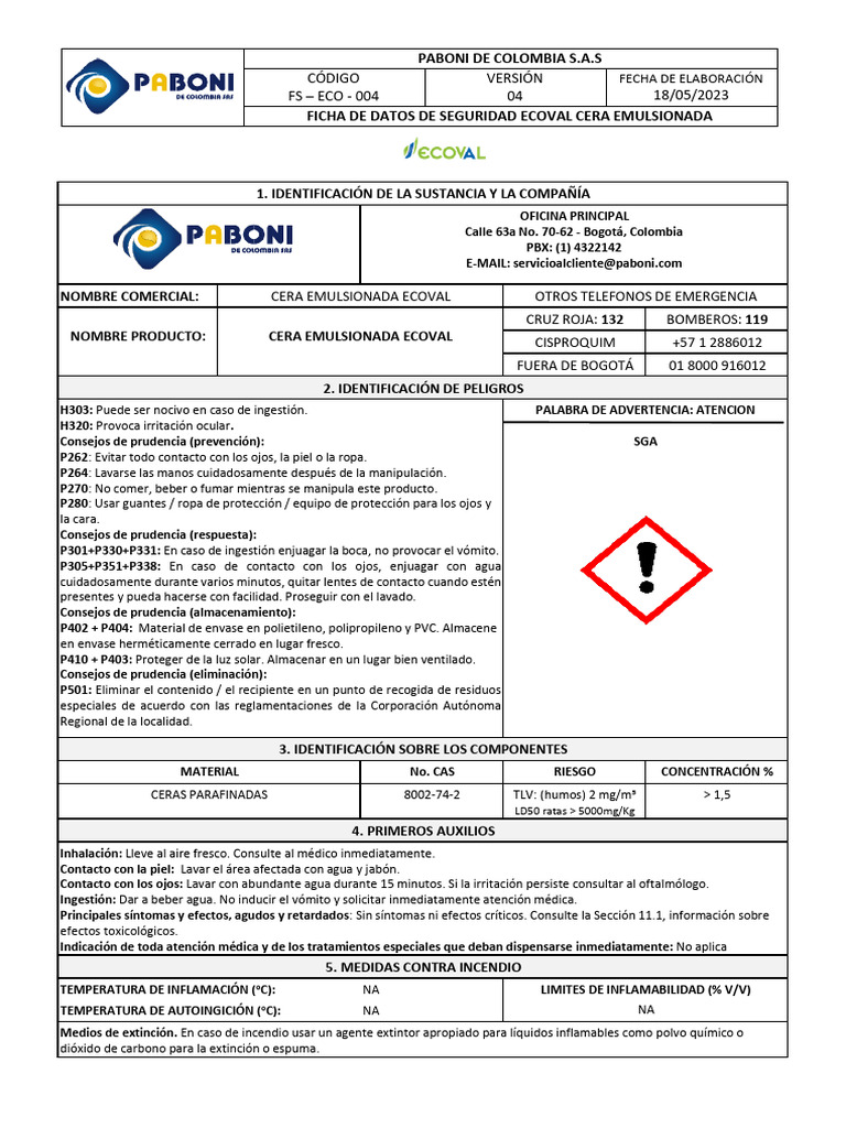 Ficha de Seguridad Cera Emulsionada Ecoval | PDF | Residuos | Agua