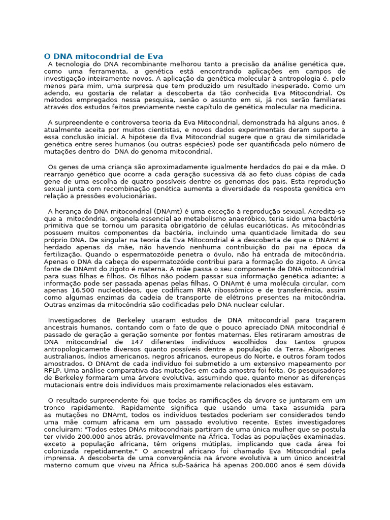 DNA Mitocondrial e a Teoria de Eva | PDF | DNA mitocondrial | Mitocôndria