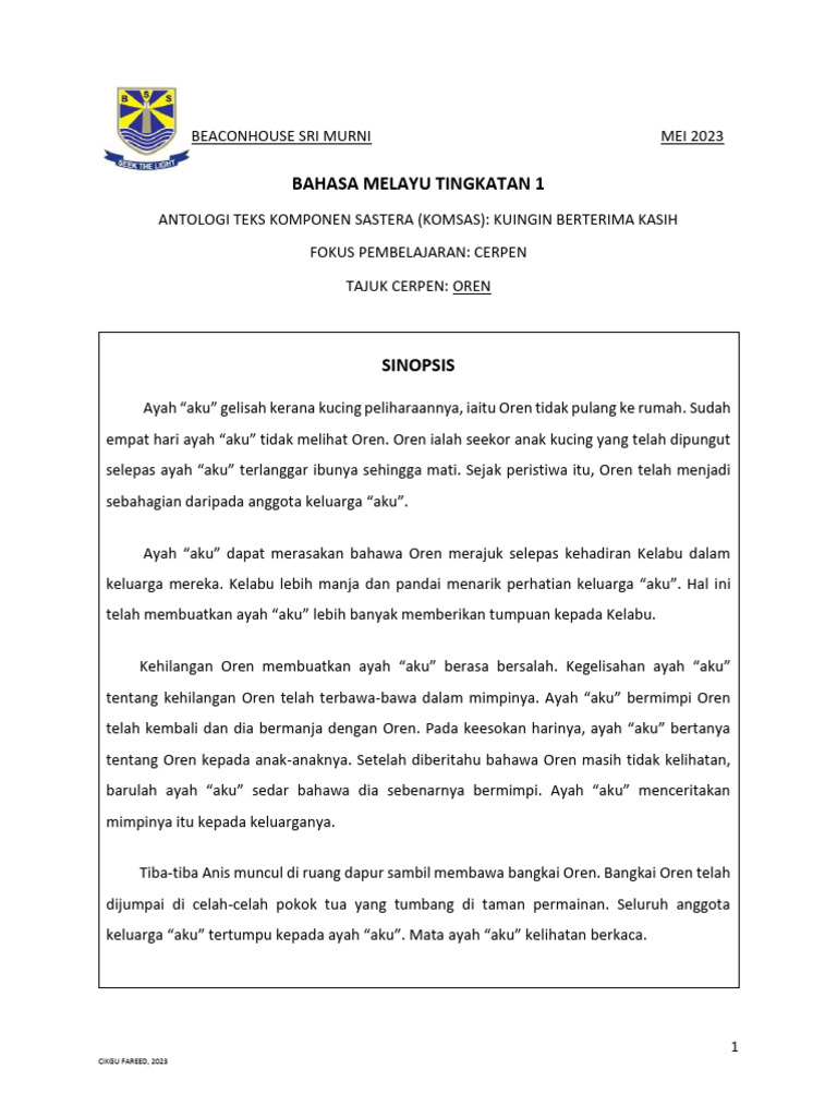 BM f1 Cerpen Oren | PDF