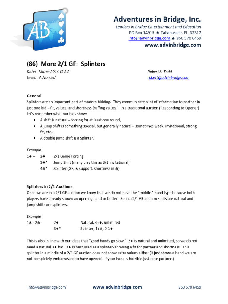 86 Splinters | PDF | Auction | Contract Bridge