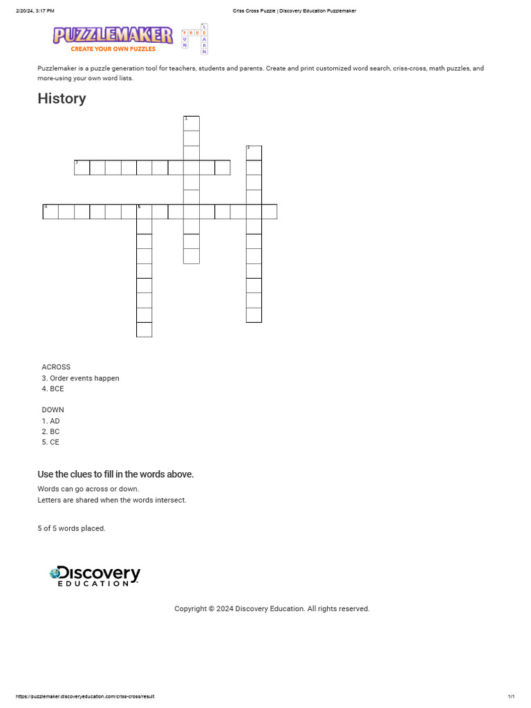Criss Cross Puzzle - Discovery Education Puzzlemaker | PDF