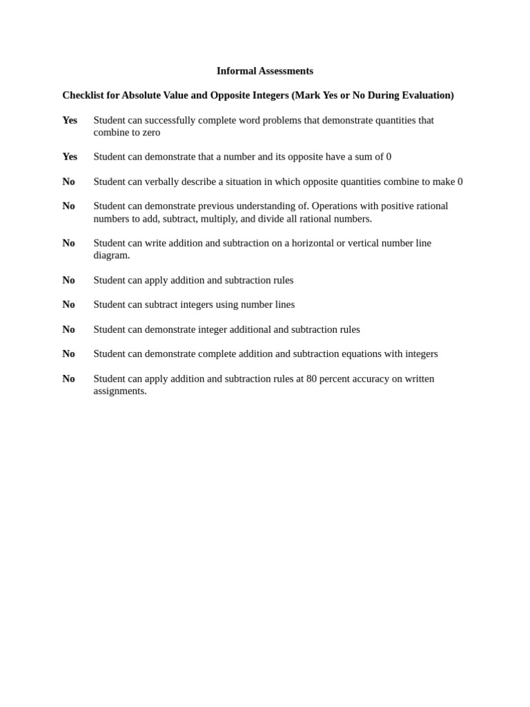 Absolute Value & Opposite Integers Checklist | PDF