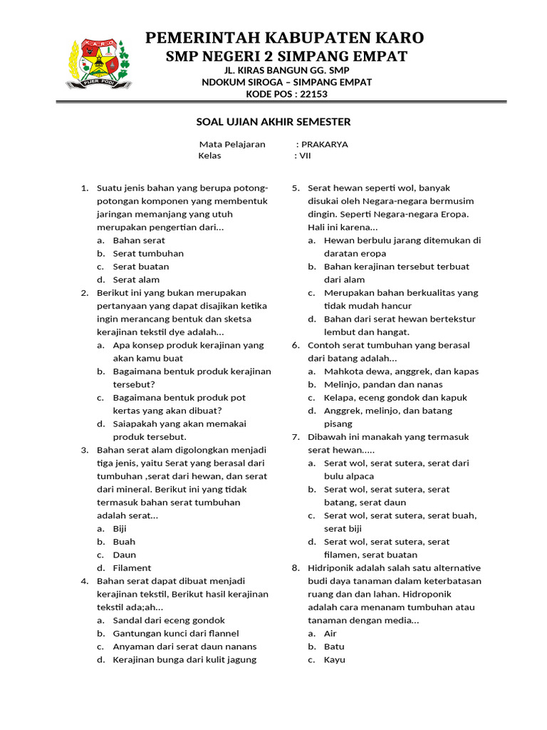 Soal Uas Prakarya Sem Ganjil Kelas Vii | PDF
