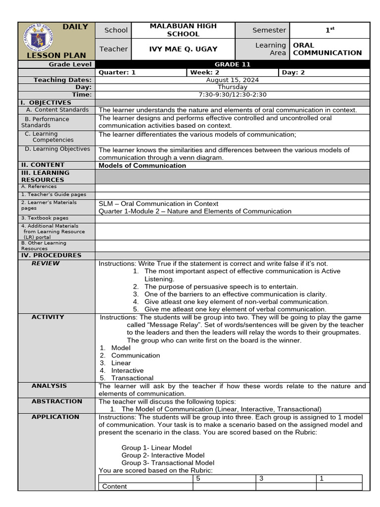 DLP - AUGUST 15, 2024 - Models of Communication | PDF | Communication | Learning