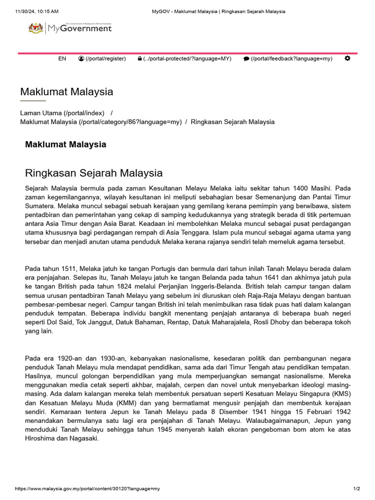 MyGOV - Maklumat Malaysia - Ringkasan Sejarah Malaysia | PDF