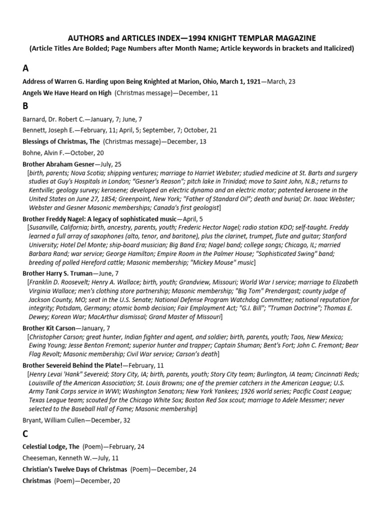 Authors and Articles Index-1994 Knight Templar Magazine | PDF | John J ...