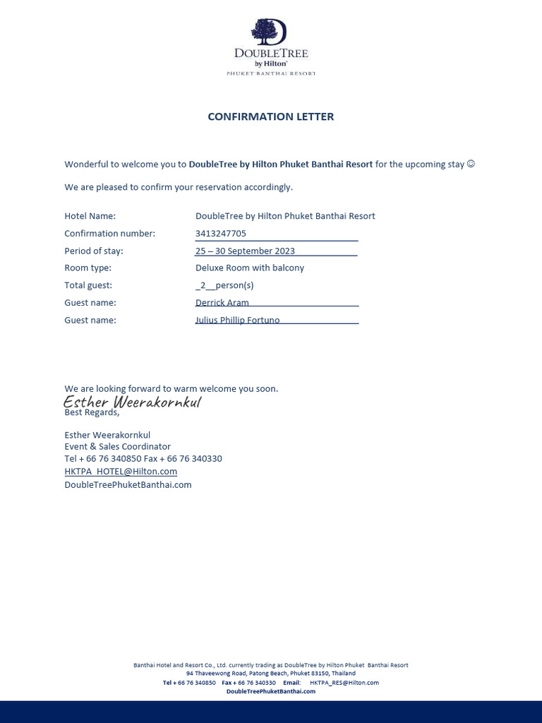 DoubleTree Phuket - Confirmation Letter PDF (Derick Fortuno) | PDF