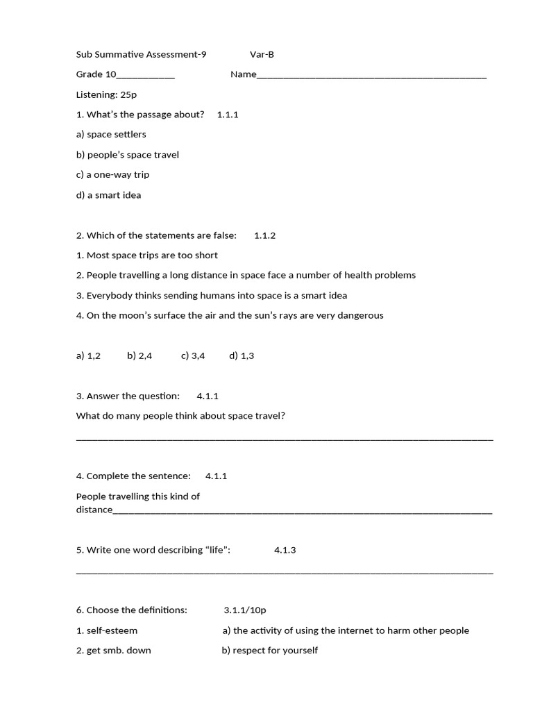 Sub Summative Assessment-9 Grade 10, Var B | PDF | Languages | Foreign ...