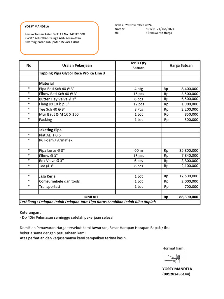 Penawaran Harga Tapping Pipa Glycol | PDF