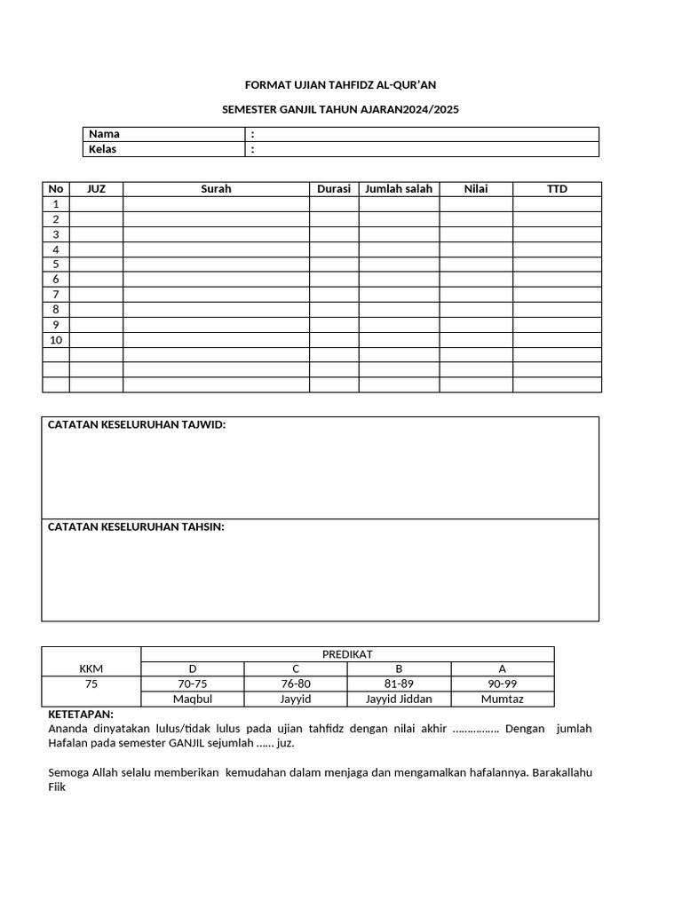 Format Ujian Tahfidz Fix | PDF