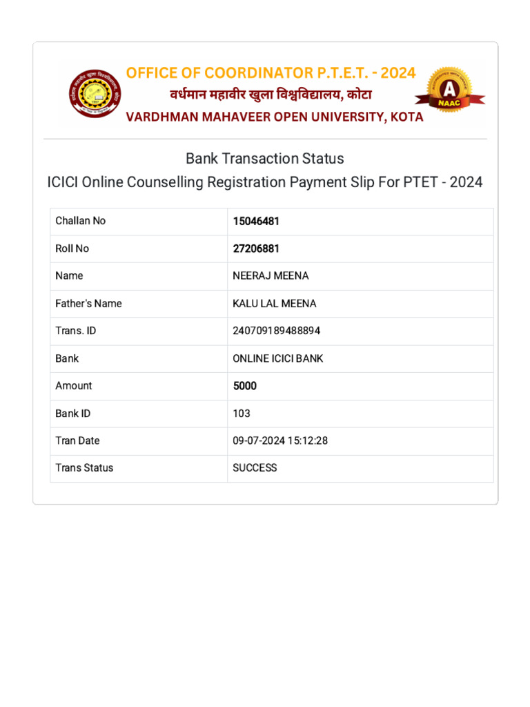 Bank Transaction Status ICICI Online Counselling Registration Payment ...