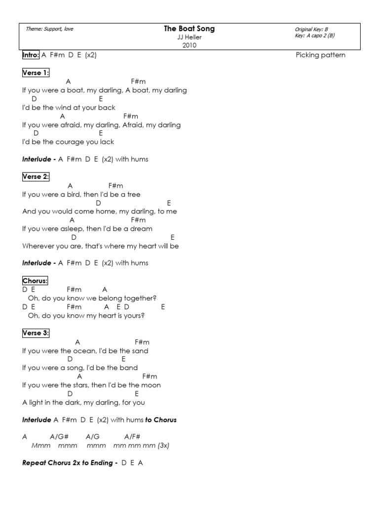 The Boat Song - JJ Heller (Key of A) | PDF