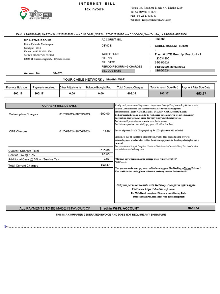Internet Bill Format | PDF | Payments | Cheque
