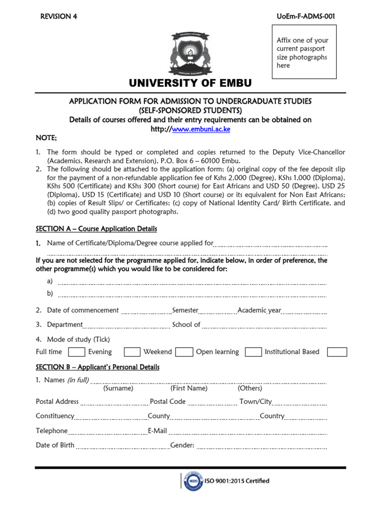 University of Embu Admission Form | PDF | Identity Document | Diploma