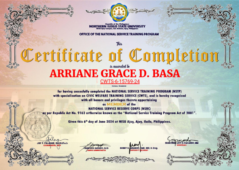 Certificate of Completion Is Awarded To ARRIANE GRACE D. BASA | PDF