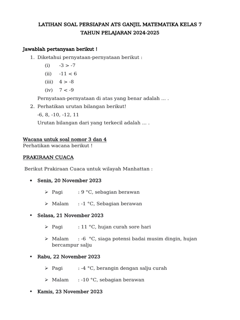 Latihan Soal Persiapan ATS Ganjil Matematika Kelas 7-1 | PDF