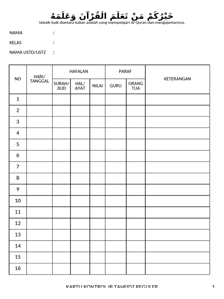 Kartu Kontrol Siswa Tahfidz | PDF