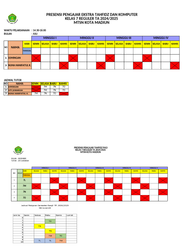 Jadwal Tutor dan Presensi Kelas 7 MTSN Madiun | PDF