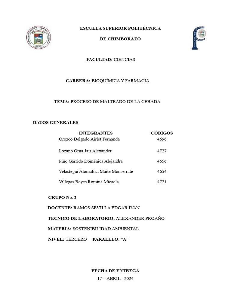 Practica1 Proceso de Malteado de La Cebada-Grupo2 | PDF | Cerveza | Cebada
