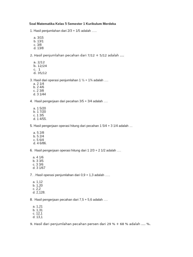 Soal Matematika Kelas 5 Semester 1 Kurikulum Merde | PDF