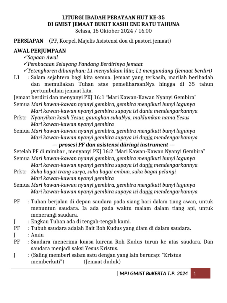 Liturgi HUT Ke-35 GMIST Bukit Kasih | PDF