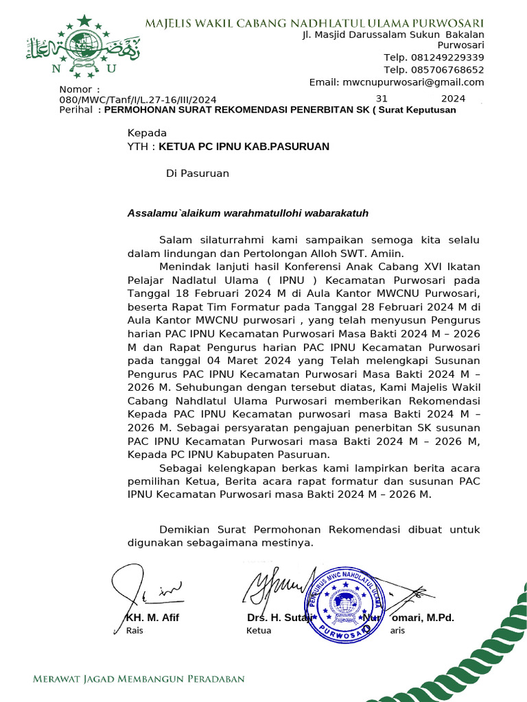 Surat Rekomendasi Ranting NU | PDF