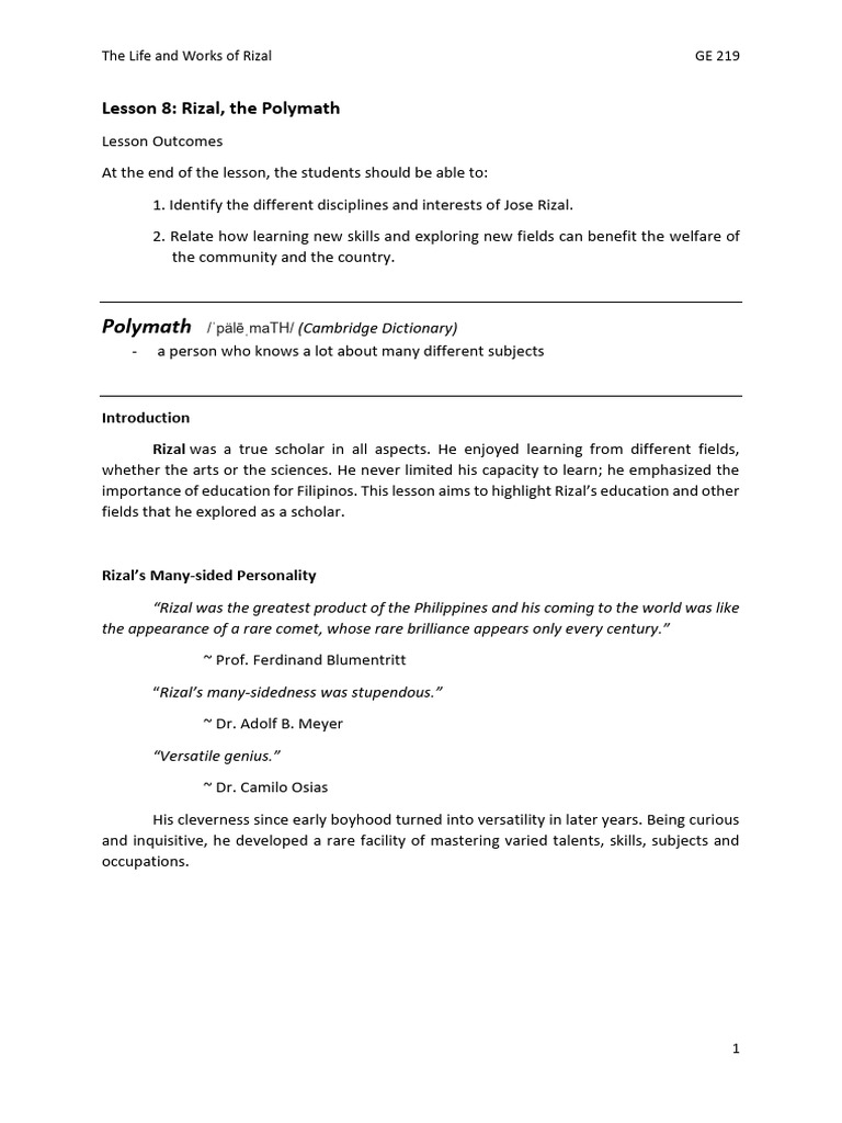 Lesson 8 Rizal The Polymath | PDF | Philippines Lesson 8 Rizal The Polymath | PDF | Philippines