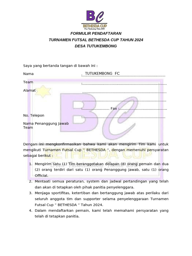 Formulir Pendaftaran Tim Bethesda Cup Desa Tutukembong Tahun 2024 | PDF