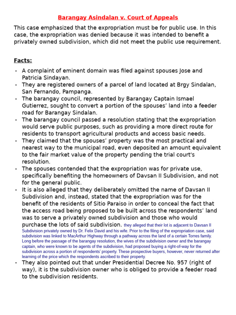 Barangay Asindalan v. Court of Appeals | PDF | Eminent Domain | Property