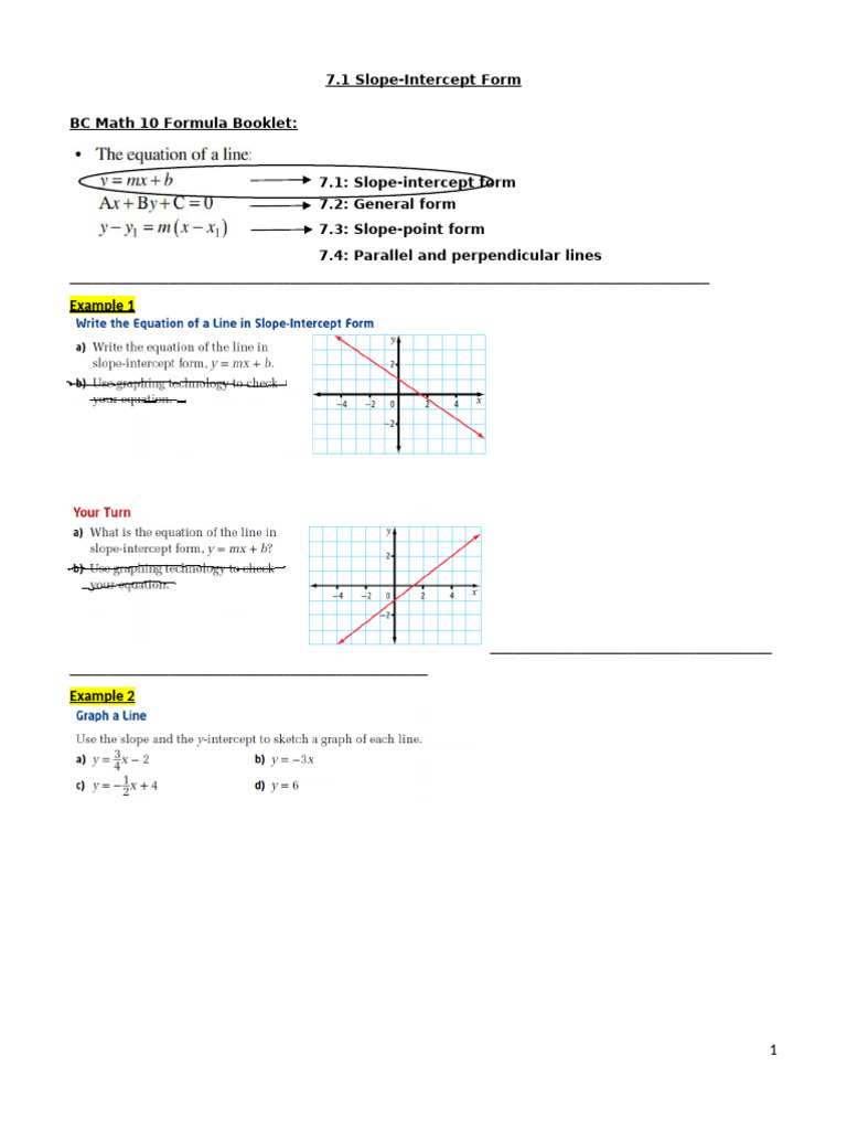 7.1 Slope-Intercept Form | PDF