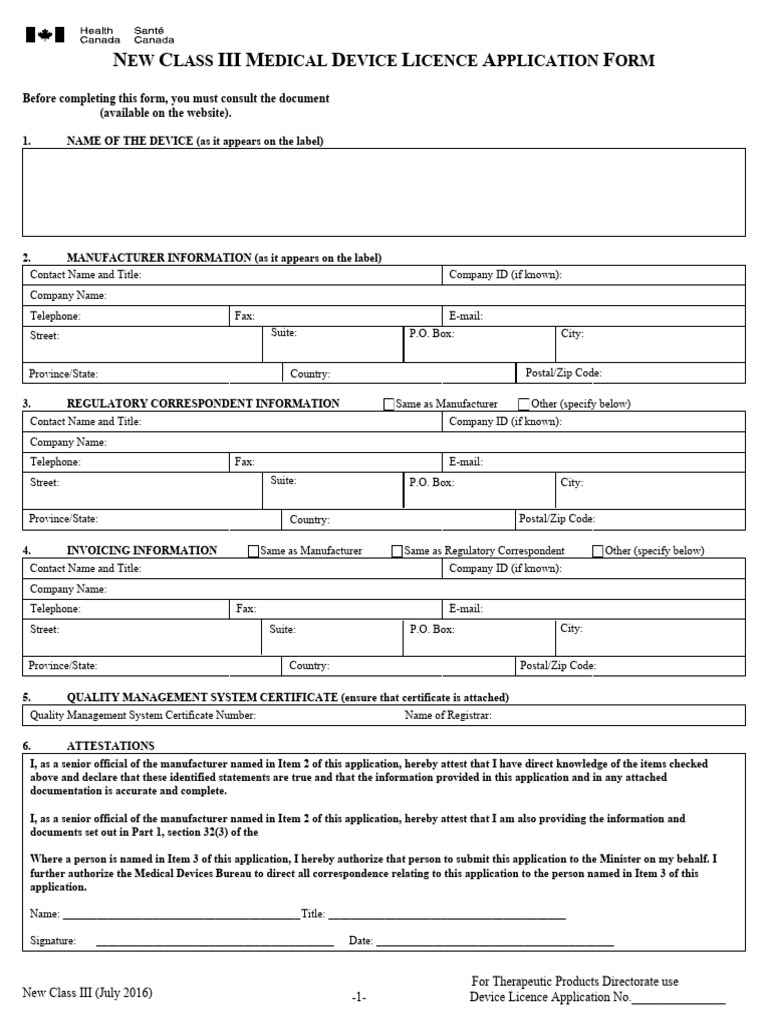 Health Canada New Class III Medical Device Licence Application Form ...
