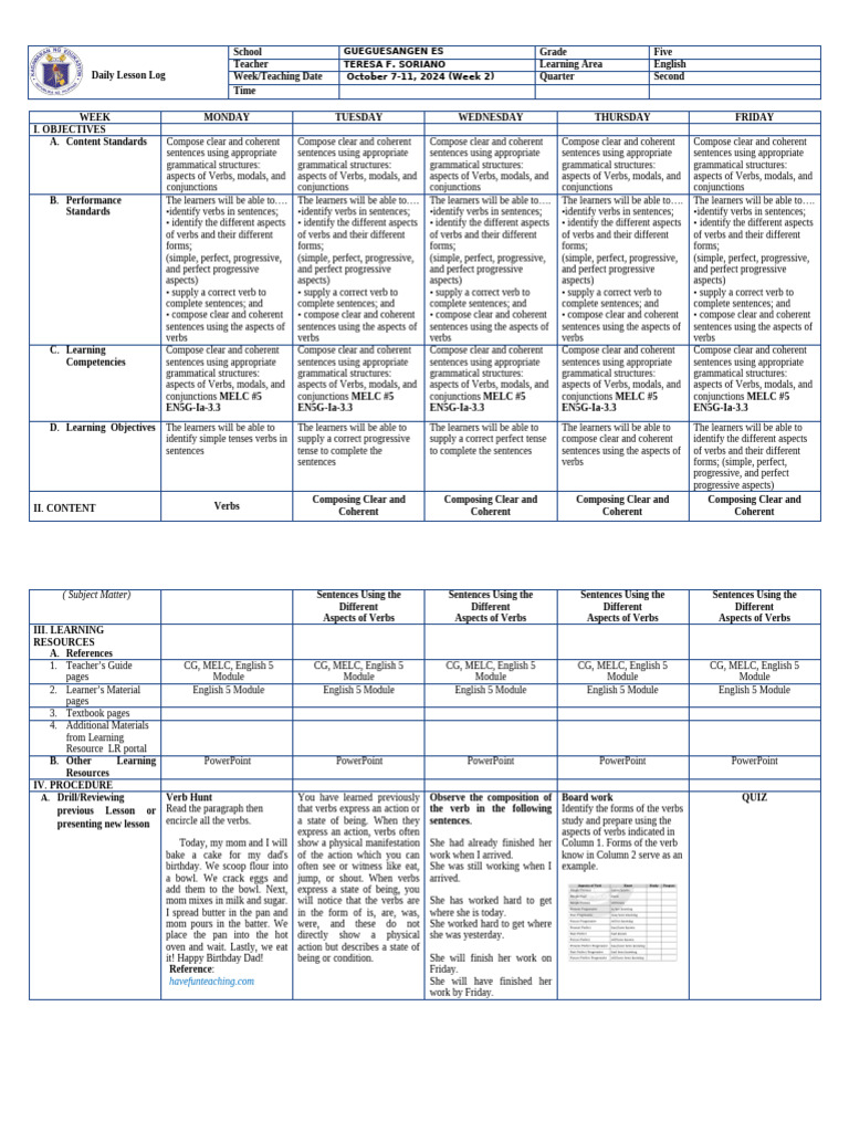 Dll Week 2 English 5 | PDF | Grammatical Tense | Verb Dll Week 2 English 5 | PDF | Grammatical Tense | Verb