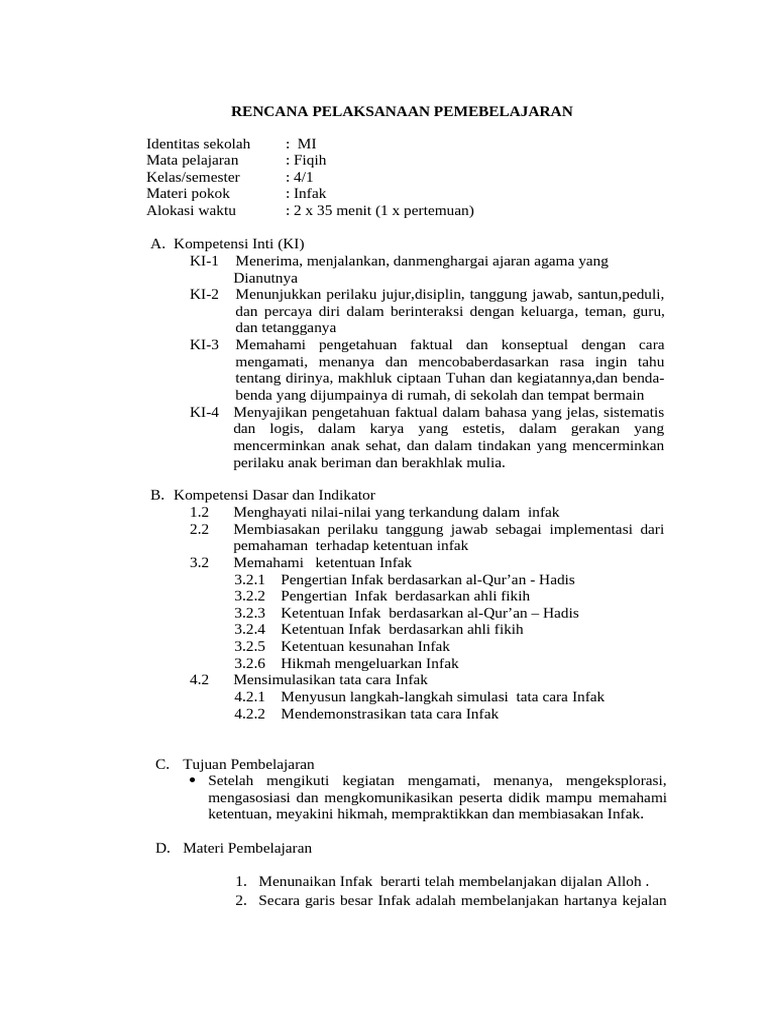 RPP K13 Fiqih Kelas 4 Semester 1 KD 2 Infaq | PDF