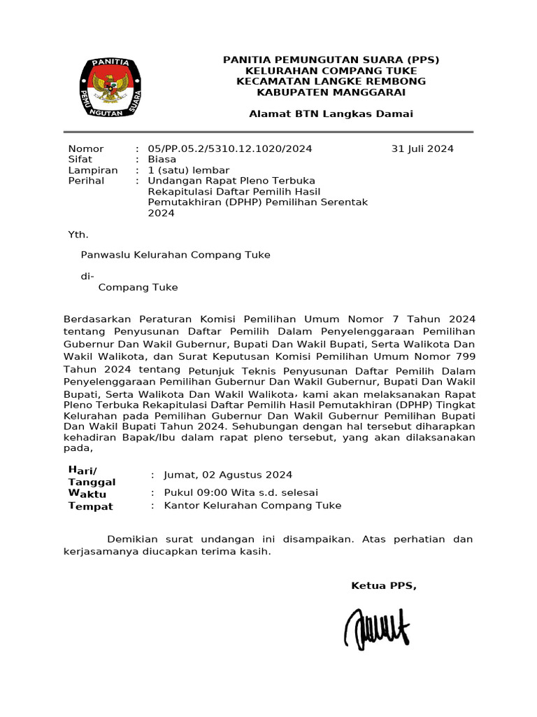 Undangan Rapat Pleno DPHP 2024 | PDF