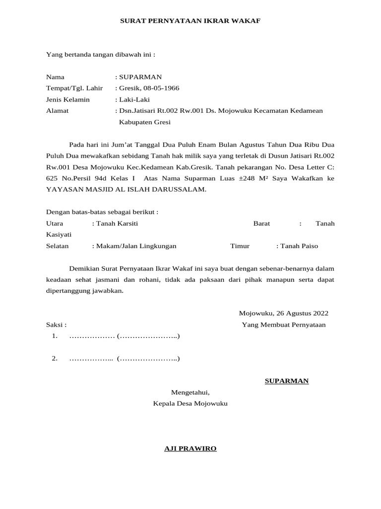 Surat Pernyataan Ikrar Wakaf | PDF