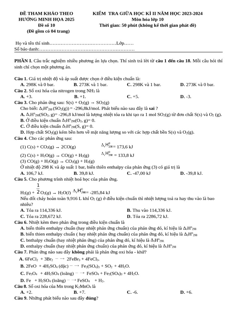 ĐỀ 10 - ÔN TẬP THAM KHẢO HÓA 10-GK2- THEO HƯỚNG MINH HỌA 2025 - Fa3gG2TifQ | PDF