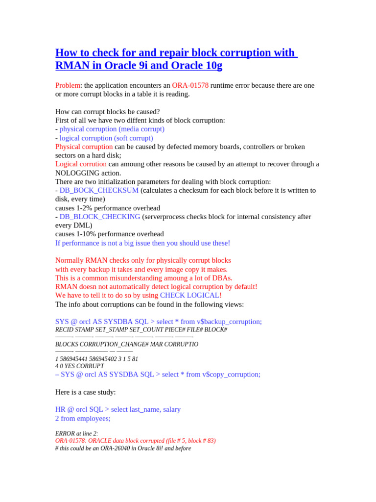 Block Corruption Check and Repair With RMAN | PDF | Databases | Computing