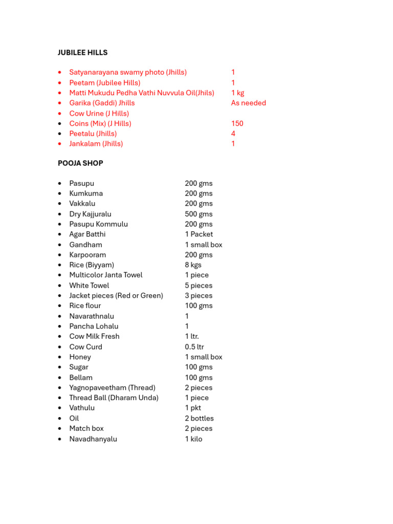 Pooja Items List | PDF | Cuisine | Foods