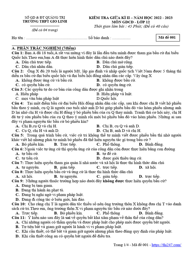 De Giua Ki 2 GDCD 12 Nam 2022 2023 Truong THPT Gio Linh Quang Tri | PDF