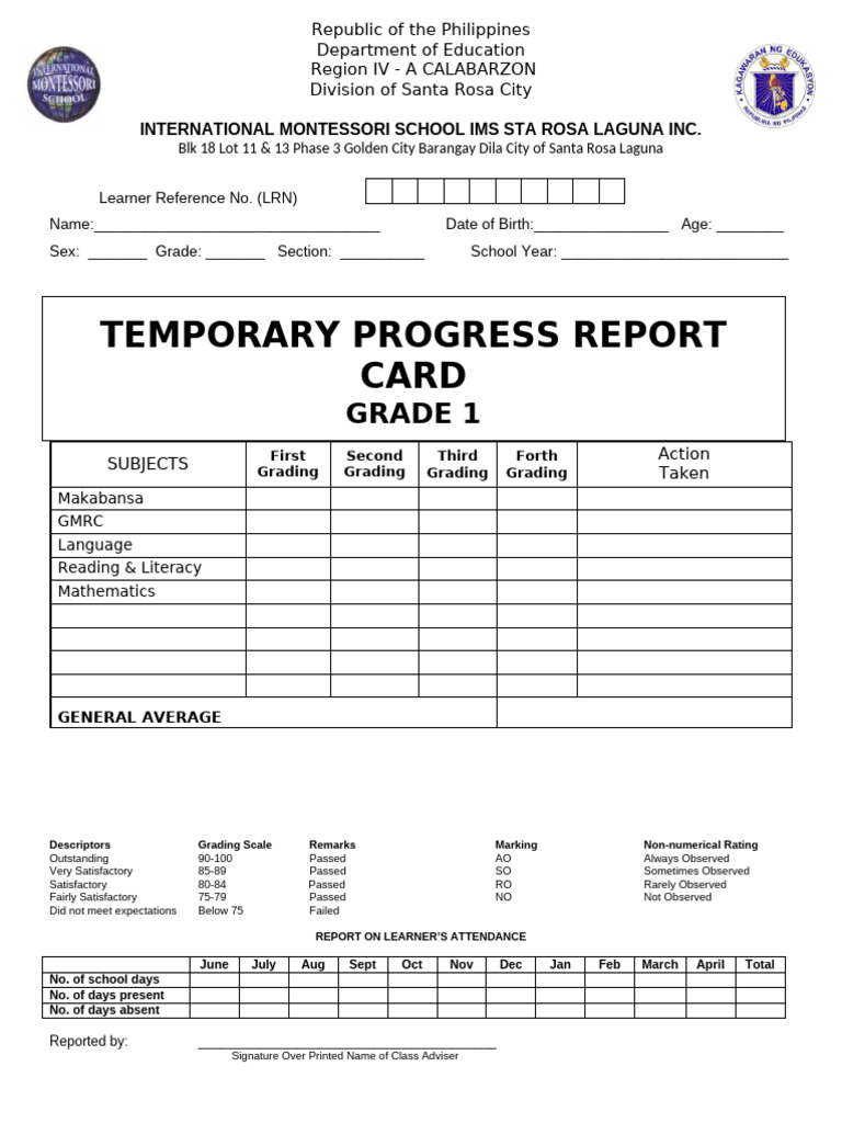 Temporary-Progress-Report-Card-Grade 1 | PDF | Writing