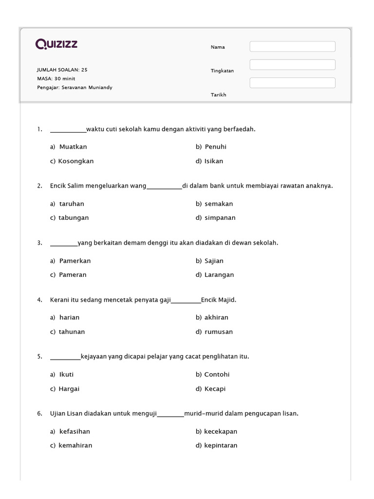 TATABAHASA TINGKATAN 1 - Quizizz (Set 1) 25 Soalan | PDF
