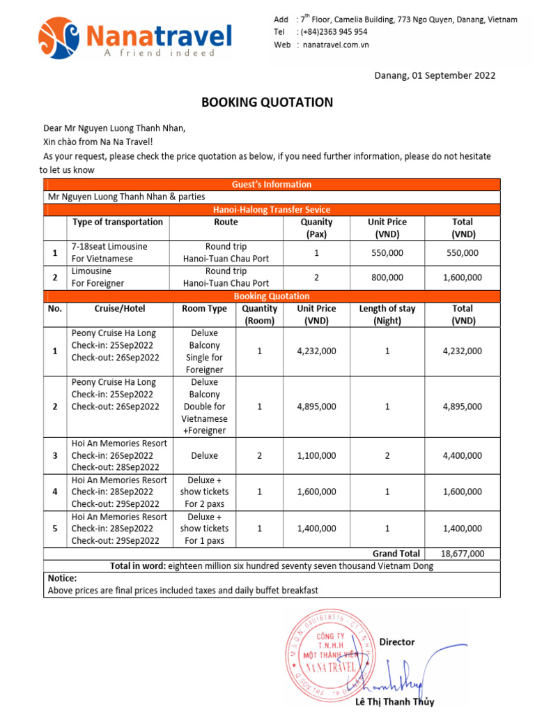 MR Nguyen Luong Thanh Nhan, Booking Quotation 25-29sep2022 | PDF | Vietnam