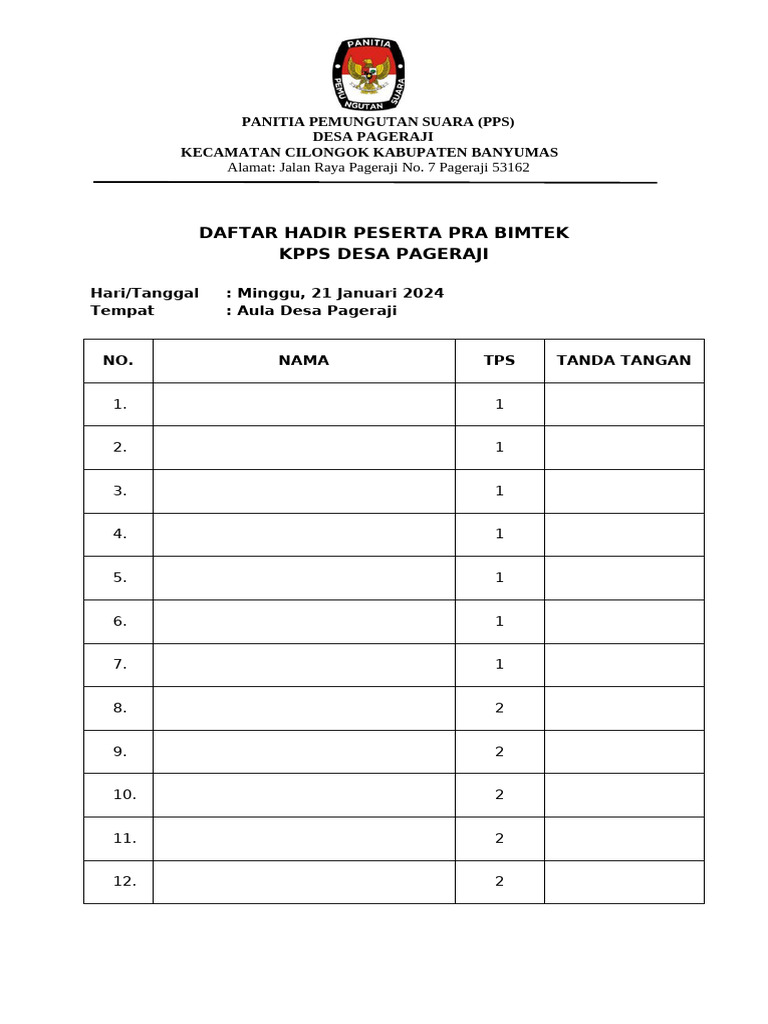 Daftar Hadir Peserta Pra Bimtek | PDF